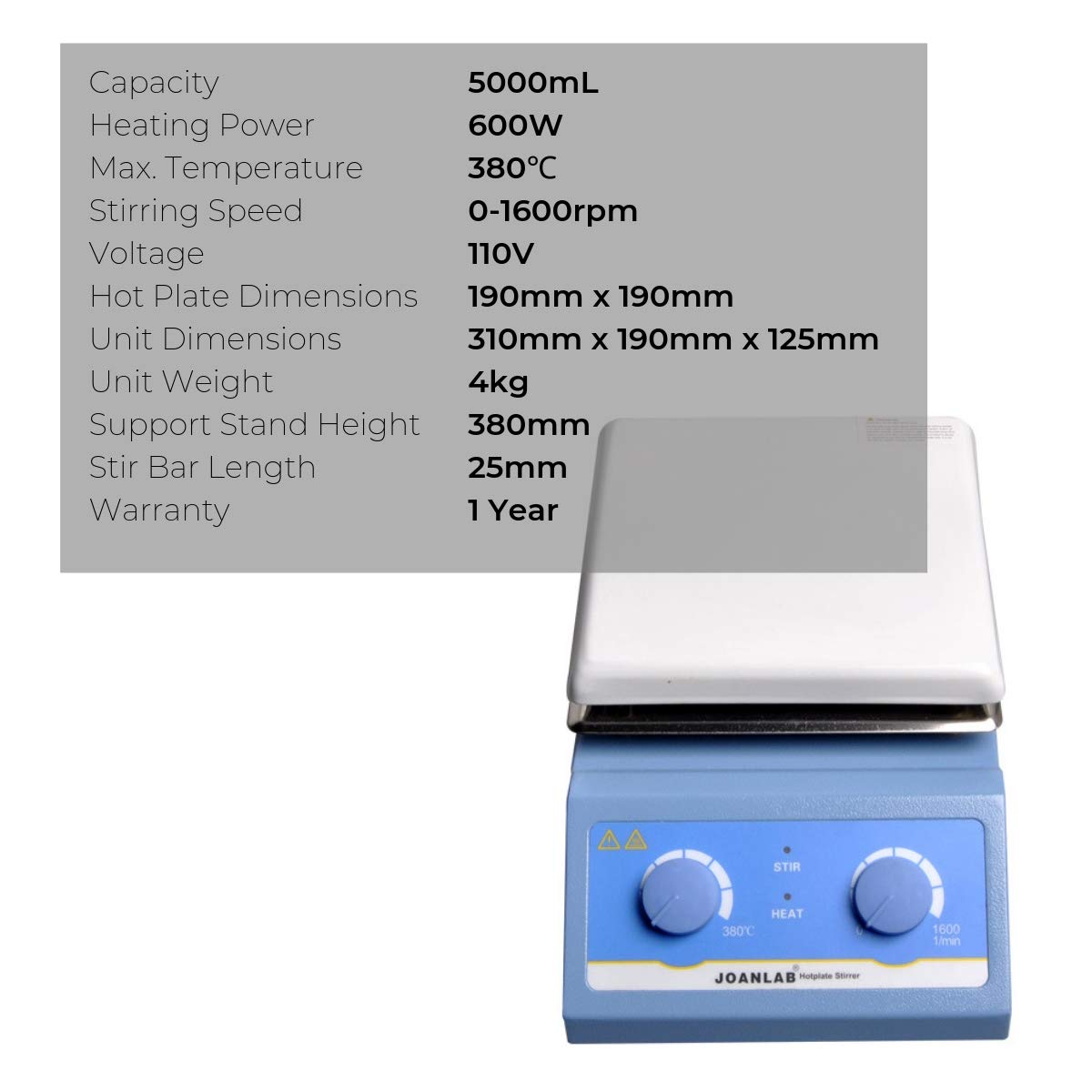 JoanLab SH-4 Magnetic Stirrer Hot Plate, 380°C Ceramic Hotplate, 5L Large Capacity, 0-1600 RPM Mixing Speed, for Laboratory Heating and Stirring with 1 Year Warranty