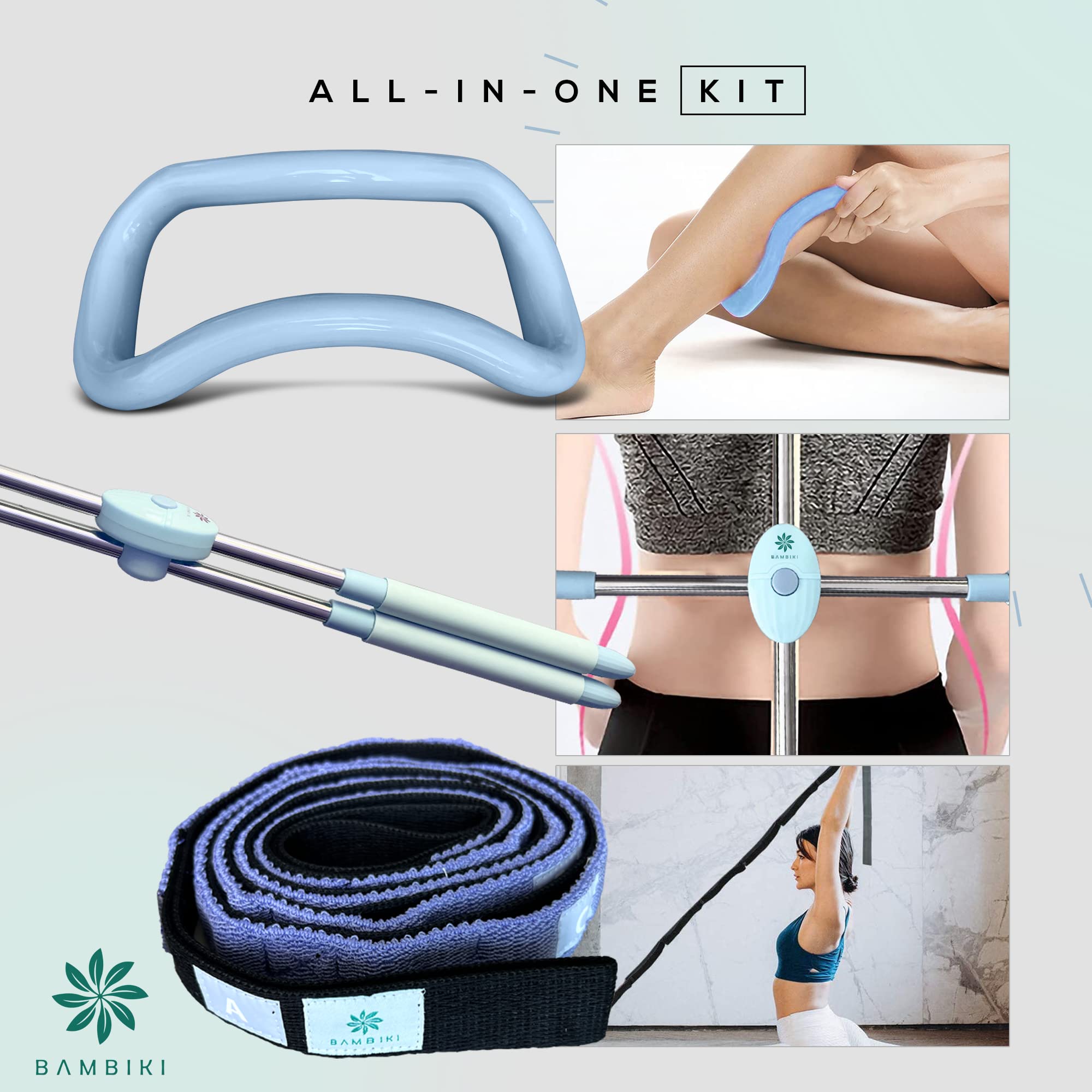 BAMBIKI Stretch Set of 3– Posture Corrector, Yoga Stick Stretching Tool – Stretching Ring – Stretch Strap with Carry Bag– Perfect for Yoga, Pilates and Physical Therapy (Blue)