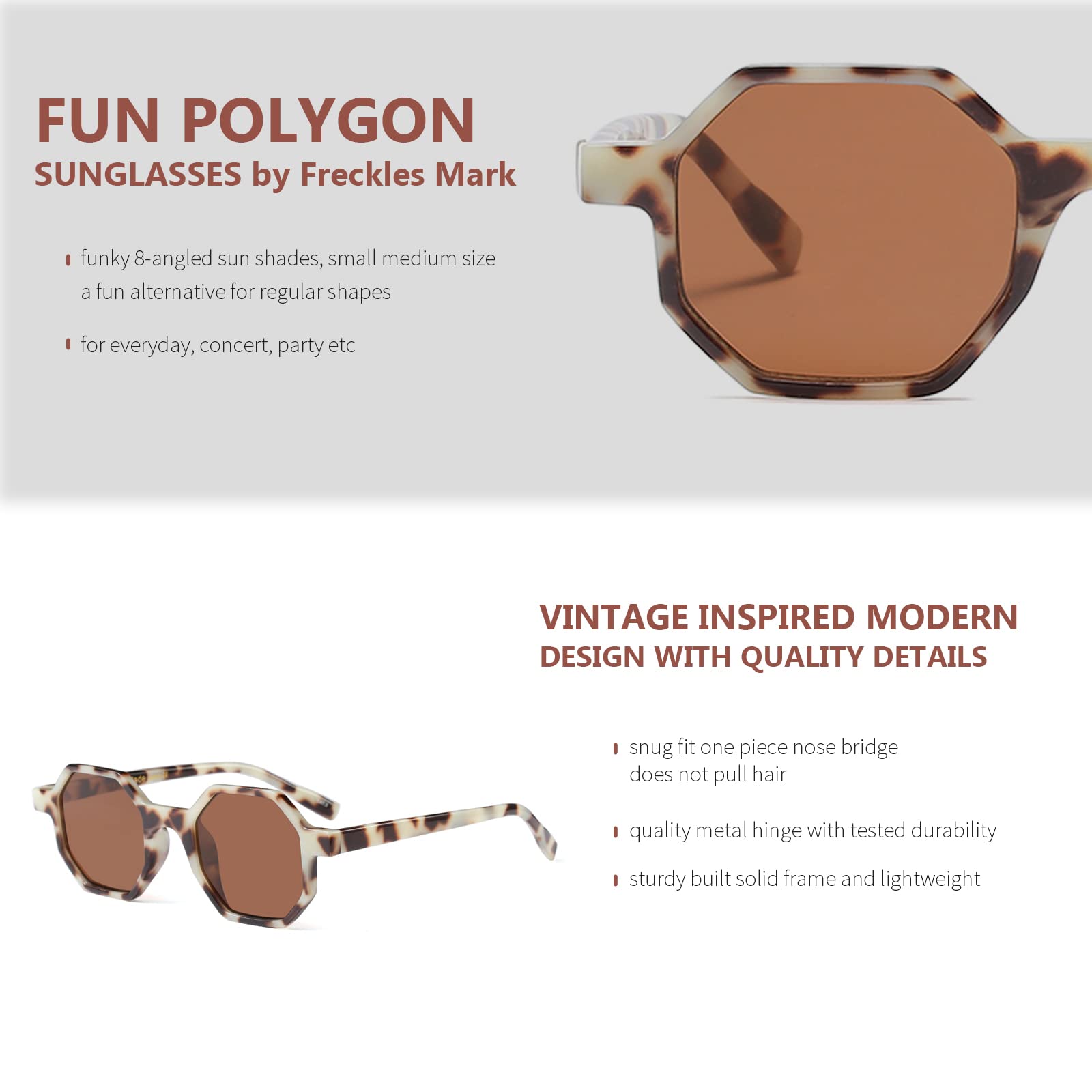 Freckles Mark Retro Hexagon Sunglasses for Men Women Vintage Small Square Glasses (Brown/Tortoise)