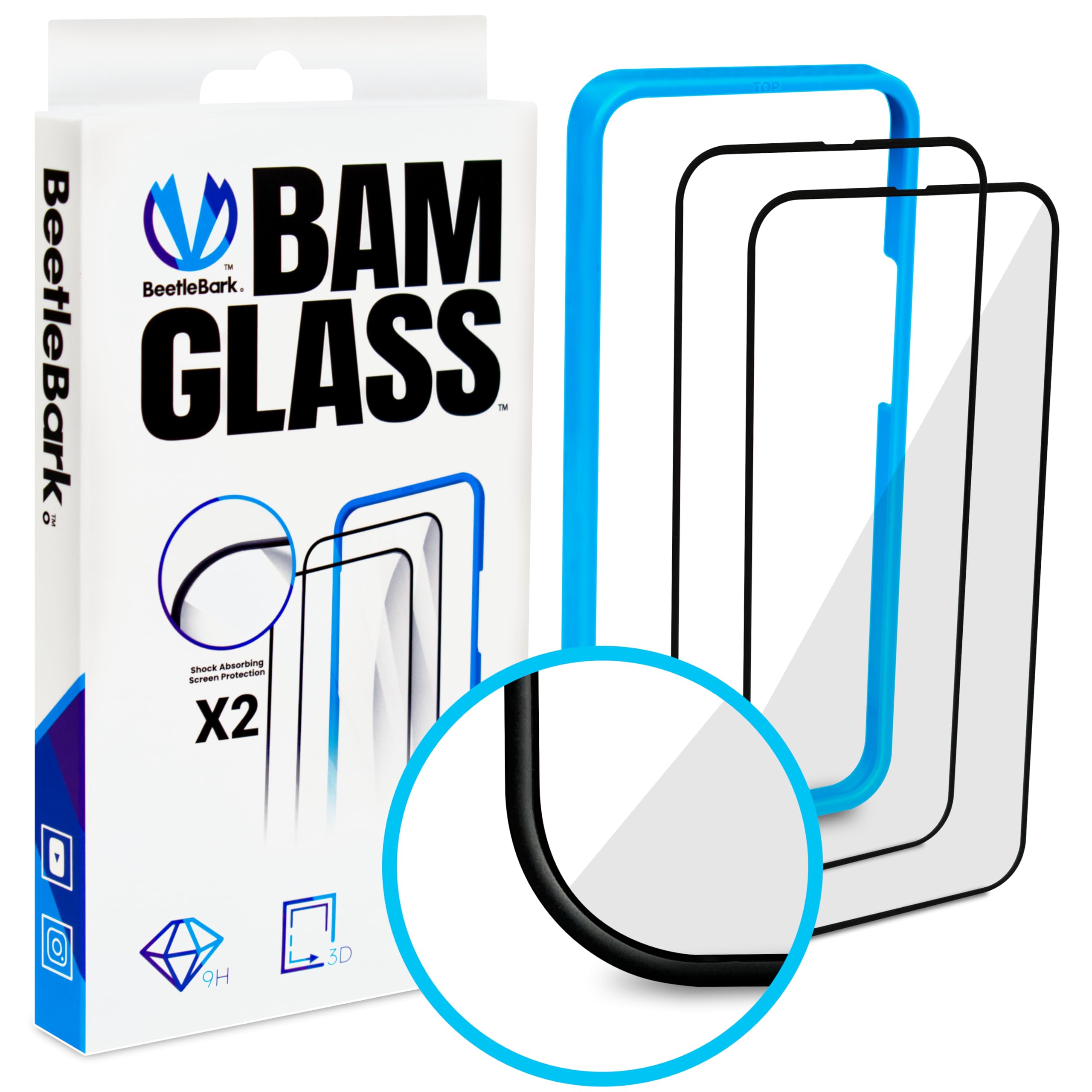 Bam Glass | 2 Pack Quality Tempered Glass Screen Protector for iPhone 13/13 Pro/14 6.1" | Durable + Shatterproof w/ Strong Rubber Edge Shock Absorbing Impact Protection | Case Friendly & Super Tough