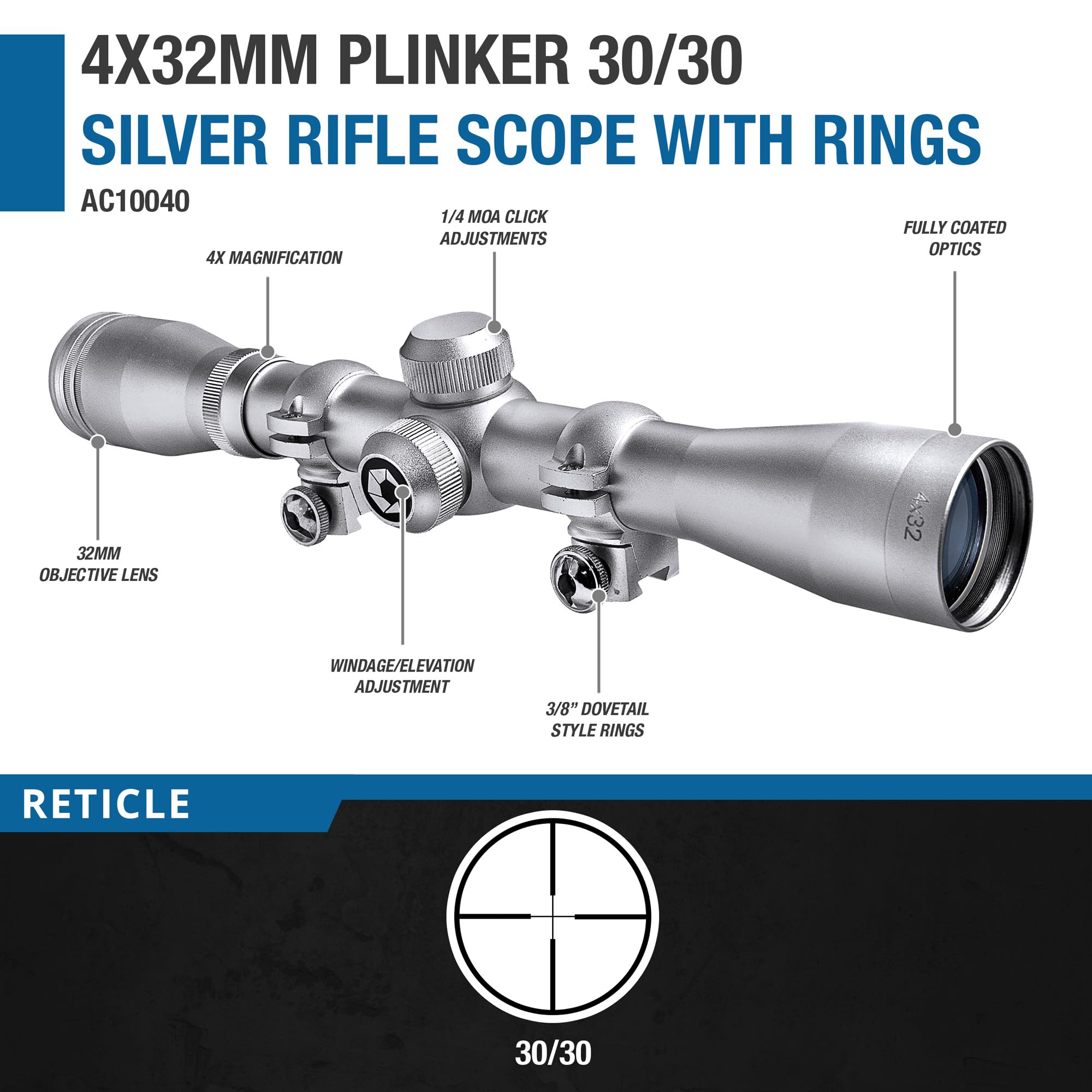 BARSKA 4x32 Plinker-22 Silver Scope w/ 3/8-Inch Rings