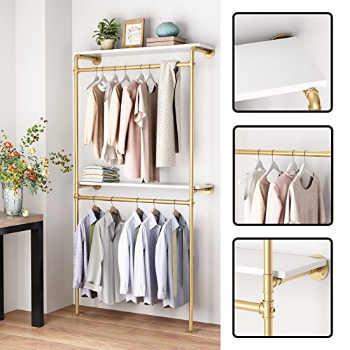 DR.IRON Gold Pipe Clothing Racks with 2 Tier Shelves, Wall Mounted Gold Clothes Rack with Double Hanging Rods Heavy Duty Garment Storage Rack Display Racks Rod for Clothes,Laundry Room