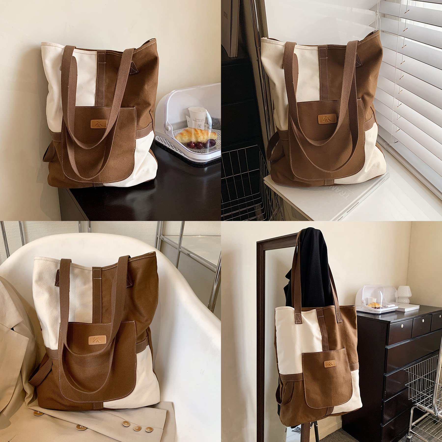 Canvas Tote Bag for Women Large Size Shoulder Handbags with Inner zipper Pockets Multicolor Casual(Brown)