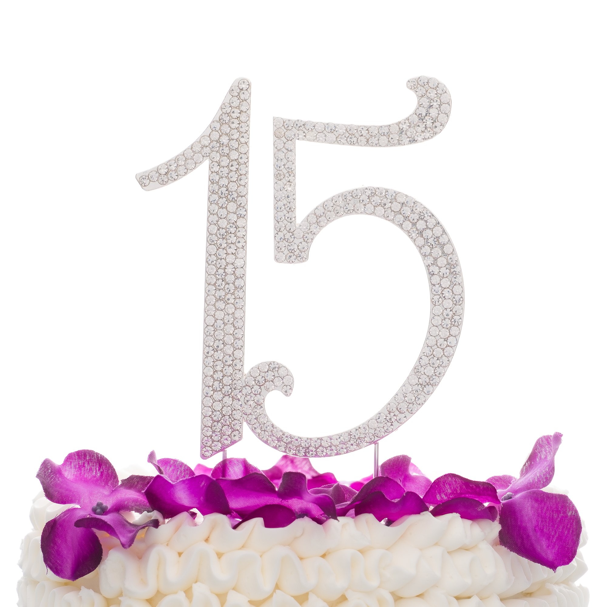 Ella Celebration 15 Cake Topper 15th Birthday Anniversary Quinceañera Party Supplies Rhinestone Number Decoration (Silver)