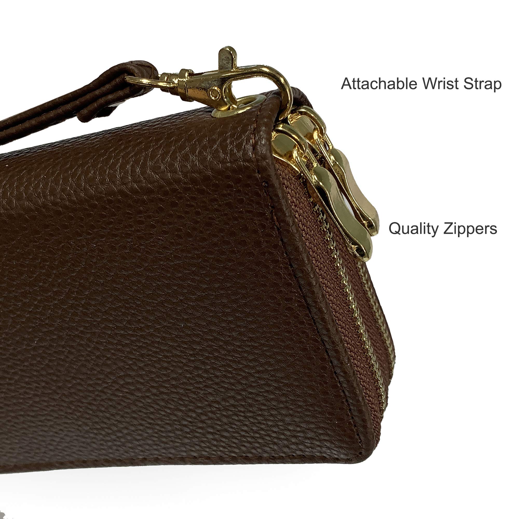 Double Zipper Wristlet Wallet Long Zip Around Clutch Travel Purse for for Cards, Cash, Checkbook, Passport (Grain-Brown 01)