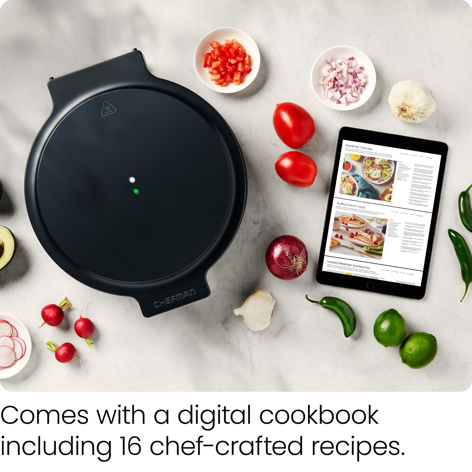 Chefman Everything Maker & Pizza Oven β 1440W Countertop Electric Pizza Maker with 12β Nonstick Cooking Plates, Make Pizza, Quesadillas, Omelettes and More, with Indicator Lights and Vertical Storage