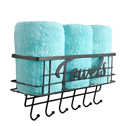Happyhapi Towel Rack for Bathroom, Towel Rack with Metal Shelf and 6 Hooks, Bath Towel Holder, Towel Holder, Bathroom Towel Storage, Towel Storage Wall Can Holds Up to 3 Large of Rolled Towels, Black