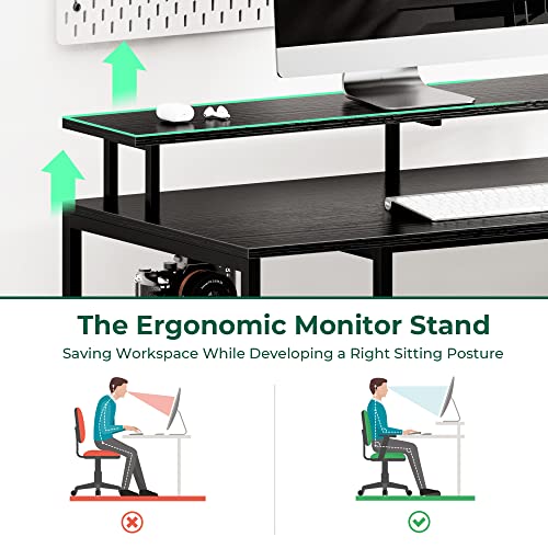 Huuger L Shaped Desk with Power Outlets & LED Lights, Reversible Computer Desk with Storage Shelves & File Cabinet, Corner Desk Home Office Desk, Black