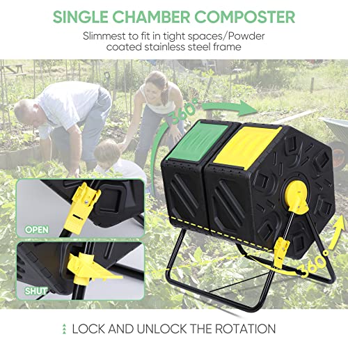 F2C Dual Chamber 37 Gallon Compost Tumbler All-Season Outdoor BPA Free Large Composter Bin w/ 2 Sliding Doors and Solid Steel Frame (37 Gallon)