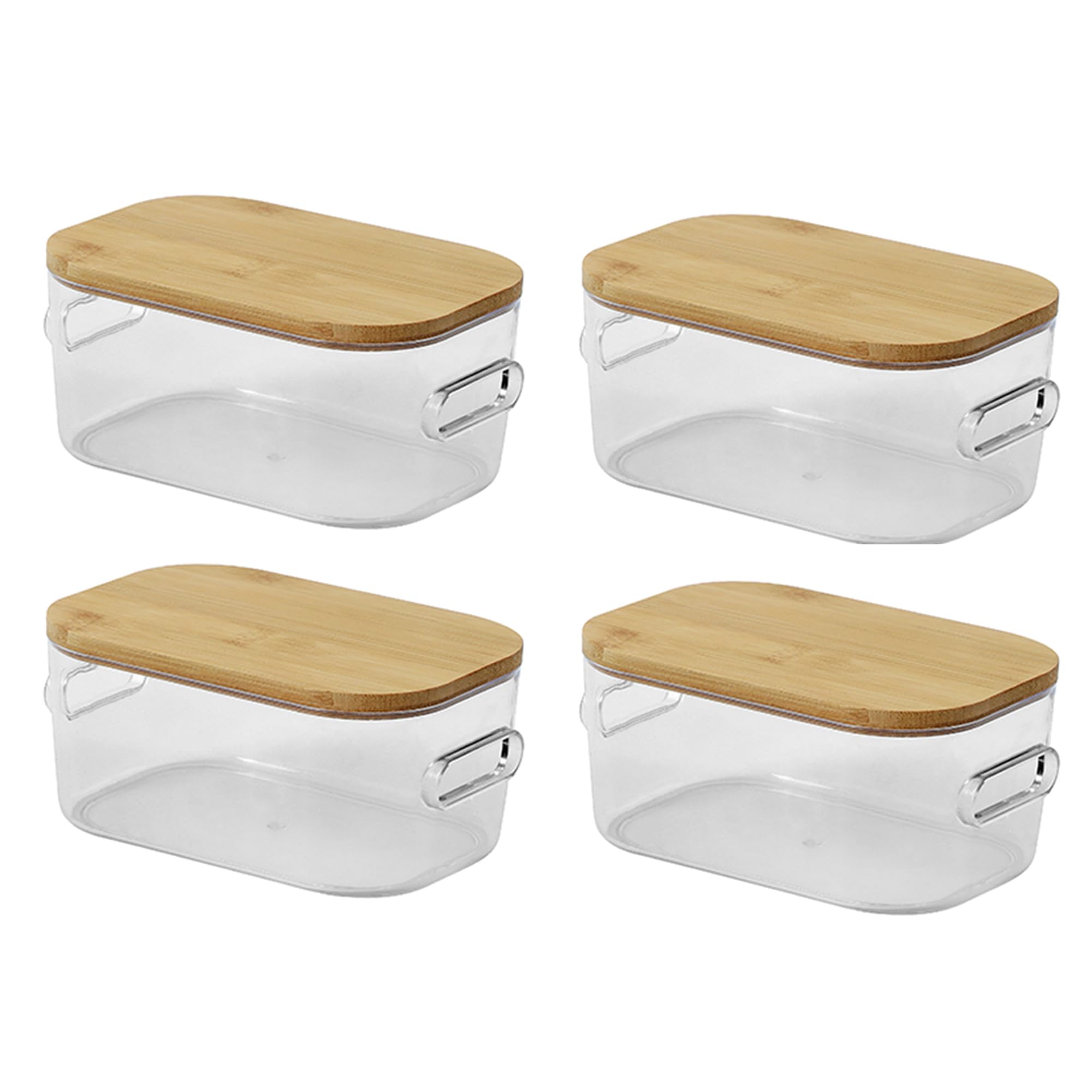 Ceromo 0.2Quart Clear Storage Bin with Bamboo Wooden Lid, Plastic Storage Containers with Handles for Organizing, Stackable, Transparent, Set of 4
