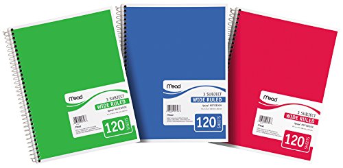 Mead Spiral Notebook, 3 Subject, Wide Ruled Paper, 120 Sheets, 10-1/2 x 7-1/2 inches, Color Selected For You (05746)
