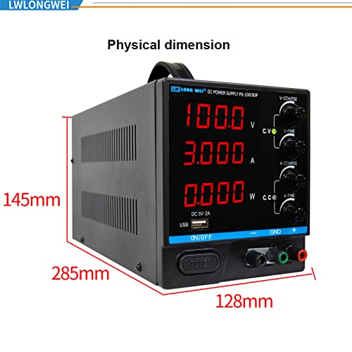 Lwlongwei Lab DC Power Supply Variable, 100V 3A Adjustable Switching Regulated DC Bench Linear Power Supply with 4-Digits LED Power Display, Coarse and Fine Adjustments with Alligator Leads Black