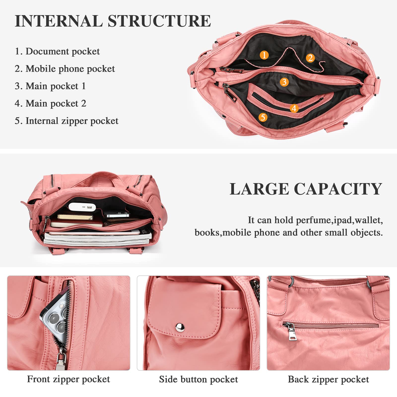BAIGIO Handbags Hobo Shoulder Bags Soft PU Leather for Women Large (Pink)