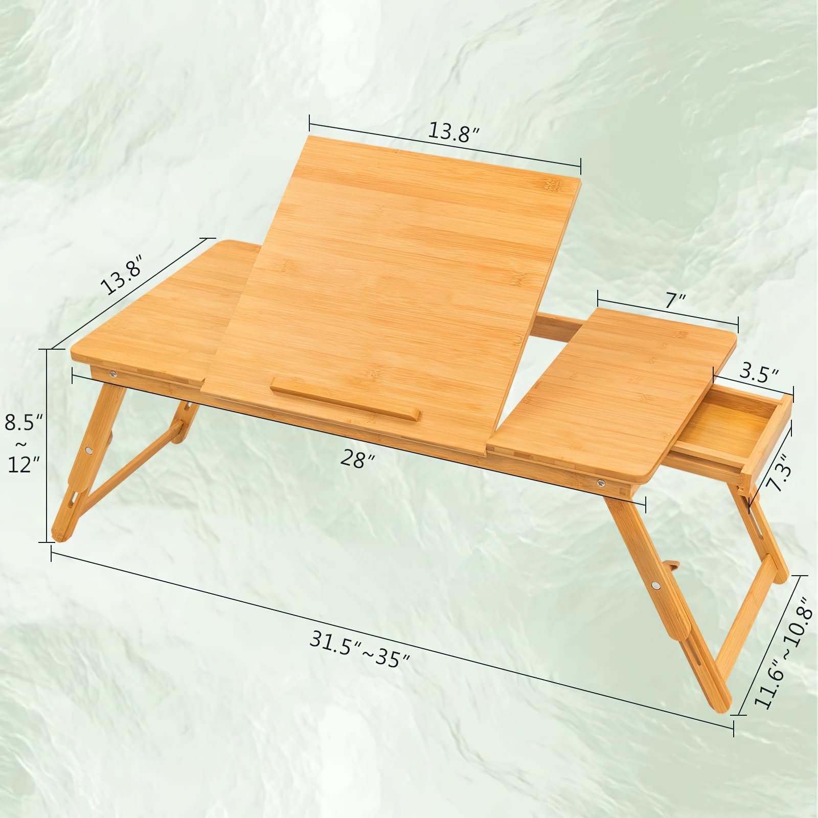 Bamboo Laptop Desk Bed Tray Table Adjustable Table for Computer Tilting Top Foldable Leg with Drawer