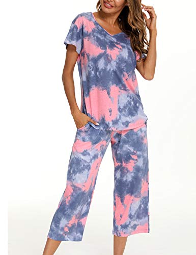 ENJOYNIGHT Women's Tie Dye Printed Pajama Sets Sleepwear Top with Capri Pants Lounge Sets with Pocket(X-Large, Blue Pink)