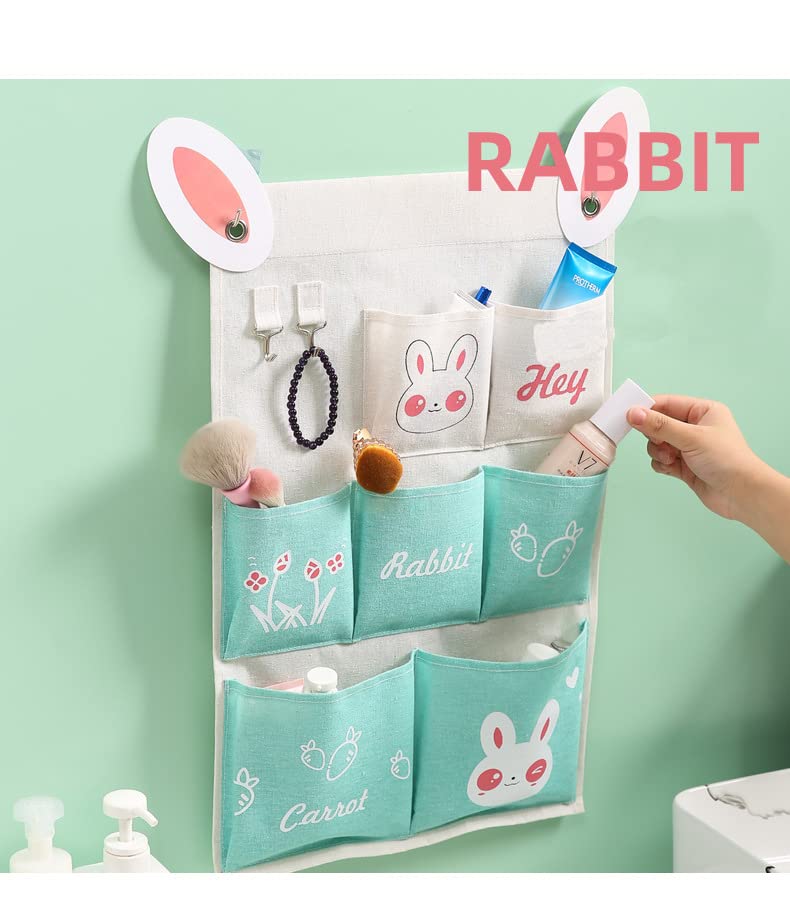 KINGREE 2PCS Wall Closet Hanging Storage Bag with Hooks Premium Linen Fabric Over The Door Organizer, Hanging Storage Pouches with 3 Pockets and 7 Pockets for Bedroom Bathroom (Rabbit)