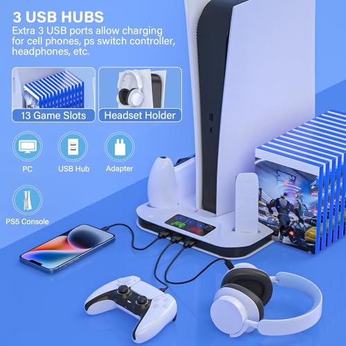 Cooling Station with Dual Controller Charging Station for PS5, Upgraded Accessories Vertical for PS5 Stand, 3-Levels Cooling Fan, 3 USB Hub and Headset Holder for Playstation 5 Disc/Digital Edition