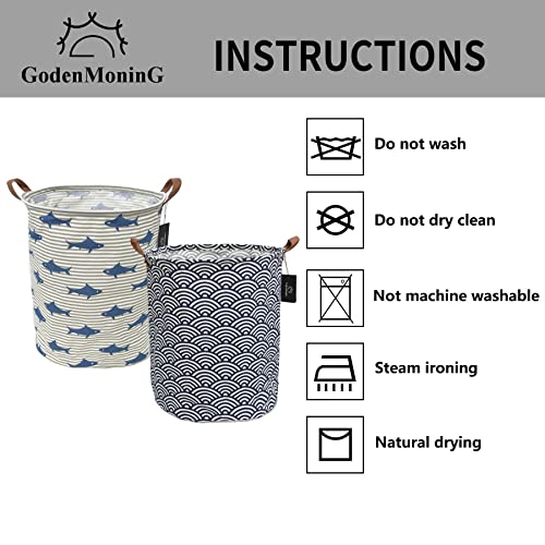 Collapsible Laundry Basket - GodenMoninG 2X 62.8L Large Sized Round Waterproof Storage Bin with Leather Handles,Home Decor,Toy Organizer,Children Nursery Hamper.(2 PACKS,Grey Striped Shark & Blue Wave)