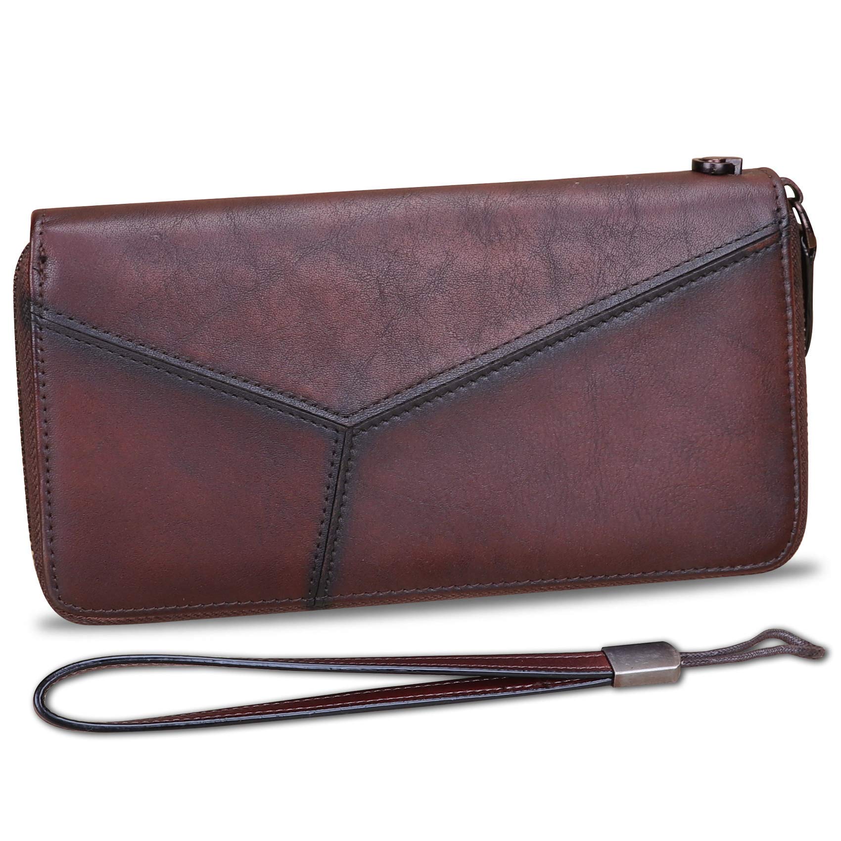 LRTO Genuine Leather Wallets for Women Zip Around Wallet Purse RFID-Blocking Retro Handmade Clutch Money Clip Card Organizer (Coffee)