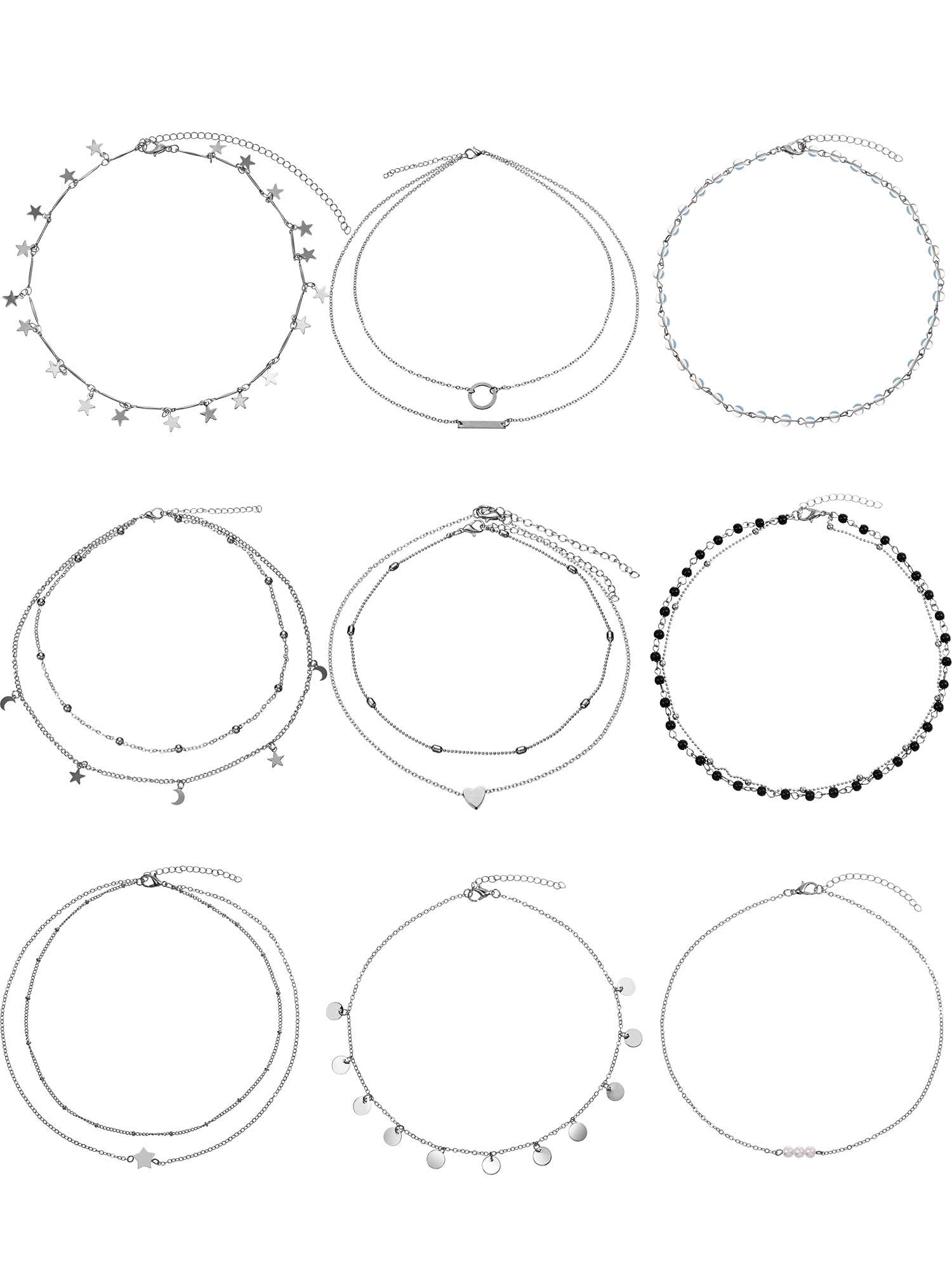 BBTO 9 Pieces Women Girls Layered Choker Necklace Sliver Layered Pendant Choker Jewelry Set (Style 1)
