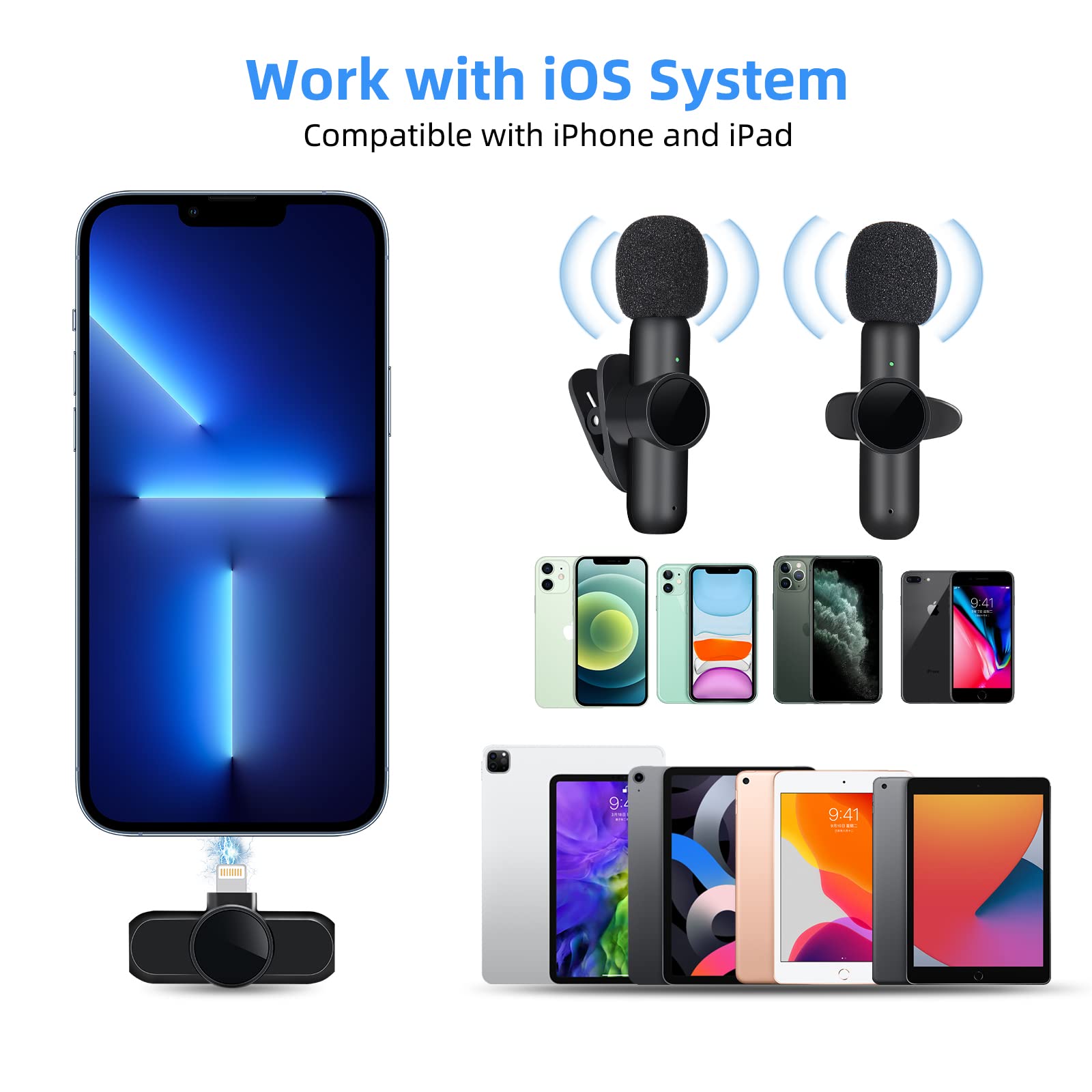 BAKAH Wireless Lavalier Microphone Fit for iPhone iPad, Lapel Microphone Wireless, 2 Clip on Microphones for Phone Video Recording, Interview, Vlog, YouTube, TikTok