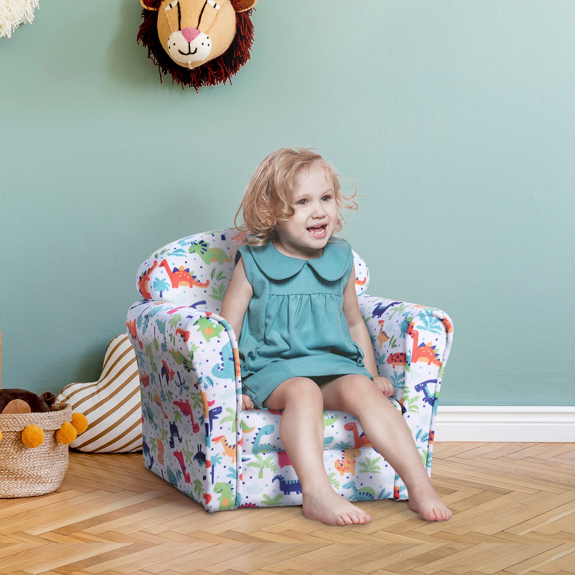 Qaba Kid's Sofa Chair with Dinosaur Design and Thick Padding, Flannel-Covered Toddler Armchair for Bedroom, Playroom