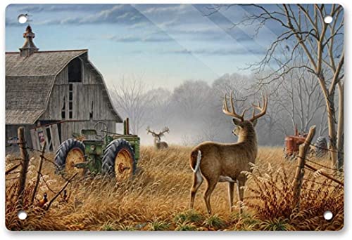 Licpact Autumn Barn Tractor & Whitetail Deer Customized 12" X 8" Metal Tin Sign,Vintage Style Art Wall Ornament Coffee & Bar Decor