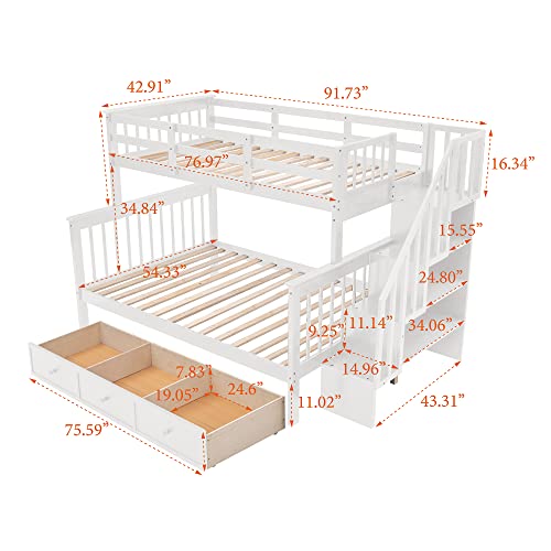 Harper & Bright Designs Twin Over Full Bunk Bed with Stairs, Solid Wood Stairway Bunk Bed with Storage Drawers for Kids Teens Adults, Bedroom, Dorm (White)