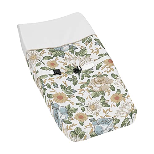 Sweet Jojo Designs Vintage Floral Blue Yellow Girl Baby Changing Pad Cover for Nursery - Slate Green Gold Orange Taupe Beige Shabby Chic Rose Flower Boho Bohemian Farmhouse Roses Wildflower Botanical