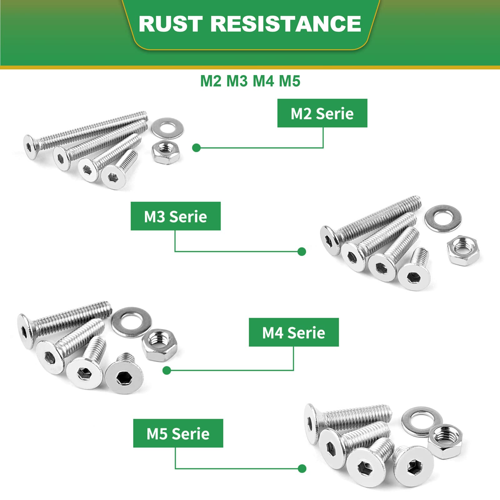 FOLIV Flat Head Socket Cap Screws, 1230PCS M2 M3 M4 M5 Bolts Nuts Washers Assortment Kit, Allen Socket Drive, 304 Stainless Steel