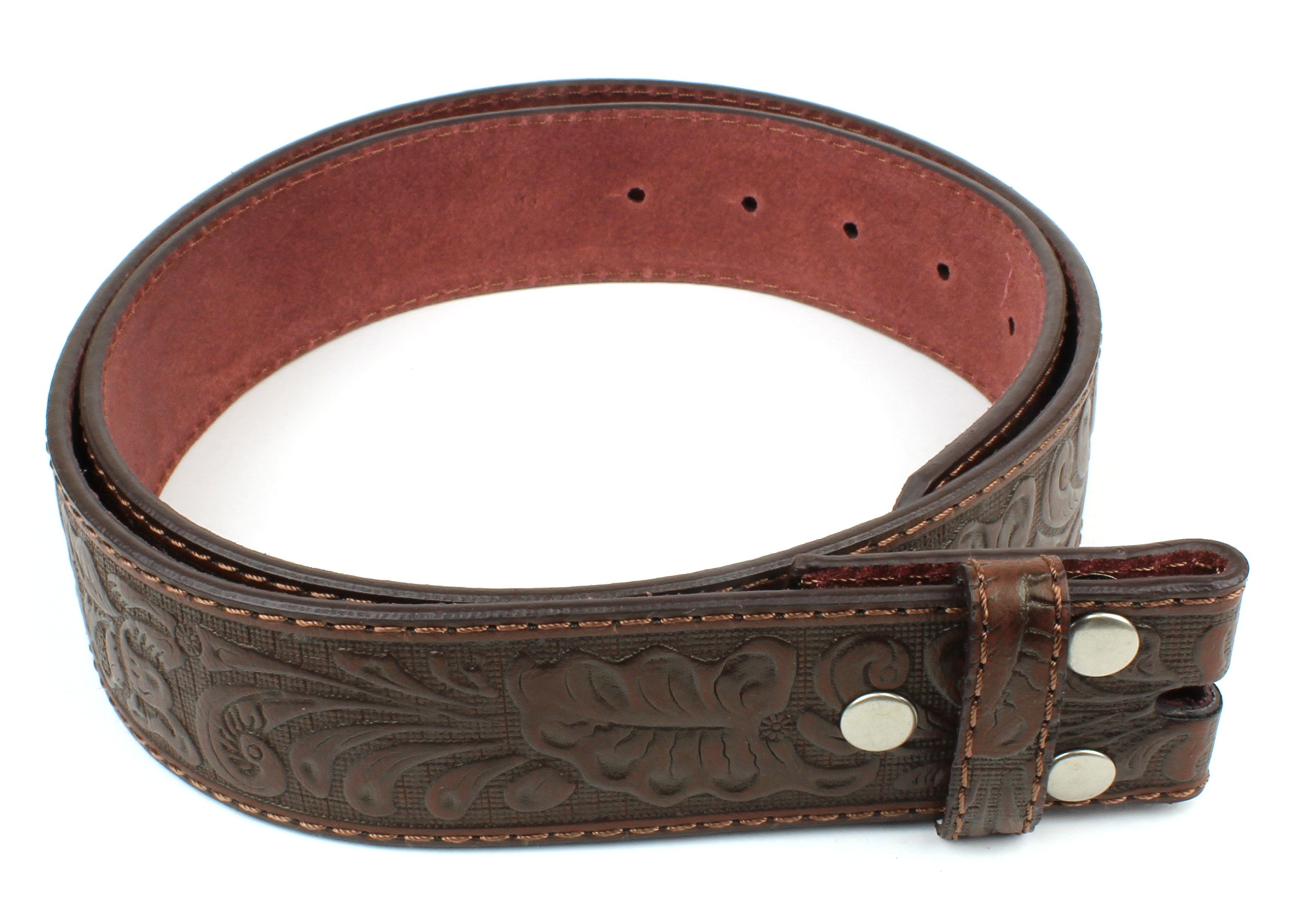 BC Belts Leather Belt Strap with Embossed Western Scrollwork 1.5" Wide with Snaps (Brown-L)