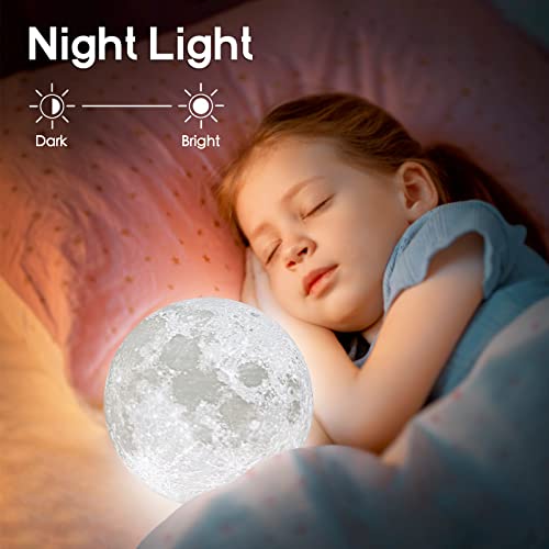 BRIGHTWORLD Moon Lamp, 3D Printing Moon Light 4.7 inch Night Light for Kids Gift for Girls Boys Women, Touch Control USB Rechargeable Brightness Adjustable Warm & Cool White Color (White Hand Stand)