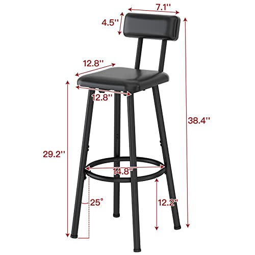 LIDYUK Bar Stools Set of 2, PU Upholstered Barstools with Back, Footrest, Simple Assembly, Industrial, Tall Counter Stools for Kitchen Island Dining Room Bar, Black