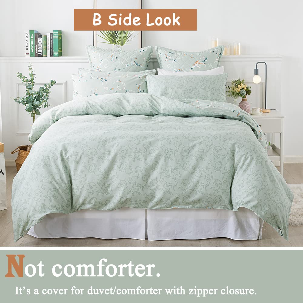 FADFAY Twin XL Duvet Cover, 100% Cotton Teal/Light Green Reversible Comforter Cover College Dorm Room Bedding Sets - Ultra Soft Pattern Printed Leaf Bedding, 3Pcs, Twin Extra Long