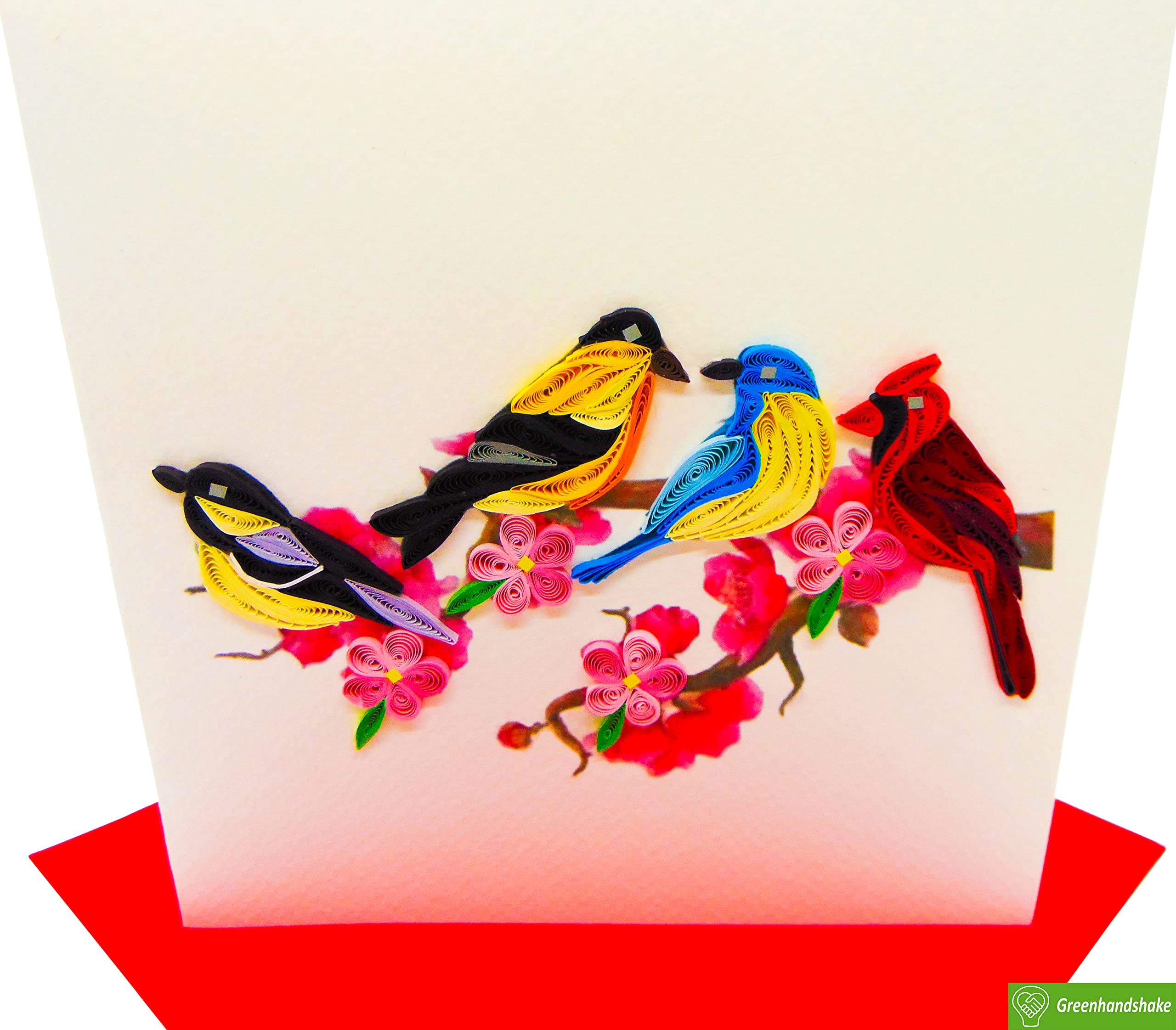Four Colorful Birds sitting in a tree, Quilling Card 3D,Unique Dedicated Handmade, Design Greeting Card for Birthday, Valentine's Day, Mothers Day, Spring, Fathers Day, All Occasion,6"x6"