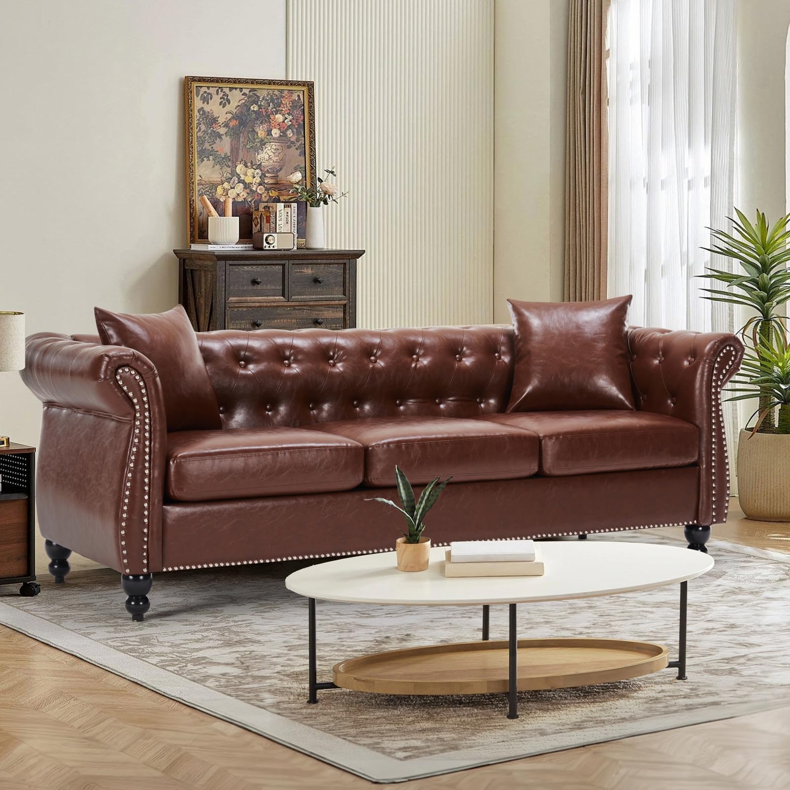 Chesterfield Sofa 83.4 " Faux Leather Couches with Gourd Wooden Legs, Deep Seat Comfy 3-Seater Upholstered Couch Button Nailhead Tufted Classic Couches for Living Room,Bedroom Easy to Assemble (Brown)