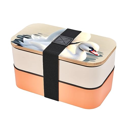 Cute Little Swan Adult Lunch Box, Bento Box, With Cutlery Set Of 3, 2 Compartments, Rectangular, Lunch Box For Adults