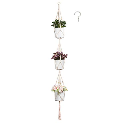 ENUOSUMA 3 Tier Macrame Plant Hanger Indoor with 1 Hook, Handmade Hanging Planter Hanging Flowers Pot with Tassels, Hanging Plant Holder for Home Decor - Cotton Rope, 4 Legs, 71 Inch
