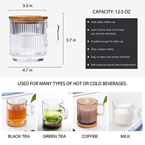 Leadiy Transparent Glass Coffee Mug with Lid, Clear Glass Coffee Cups, Classical Vertical Stripes Coffee Mugs for Latte Juice Tea 12.5 Ounces
