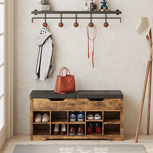 Hasuit Shoes Bench, Entryway Bench with Storage, Shoe Rack with 2 Lift Top Storage Boxes and 10 Compartments, Shoes Organizer for Entryway, Bedroom, Length 41.3ββ(Accent Brown)