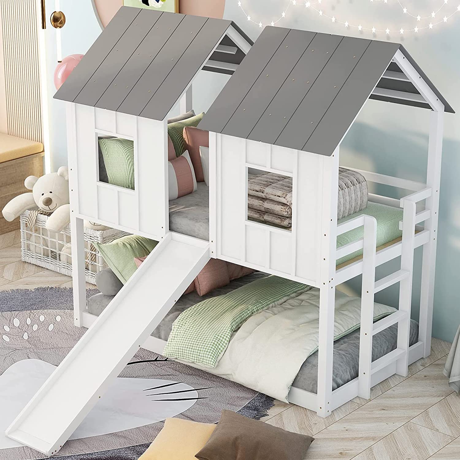 MERITLINE Twin Over Twin House Bunk Bed with Slide, Wooden Bunk Bed with Roof and Windows for Kids Teens Girls Boys – White