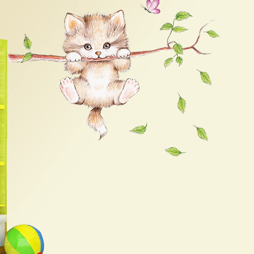 Cartoon Cute Cat On The Tree Branches Wall Decals, Removable Kitty Wall Stickers Decor Decal for Bedroom Wall Art Decoration