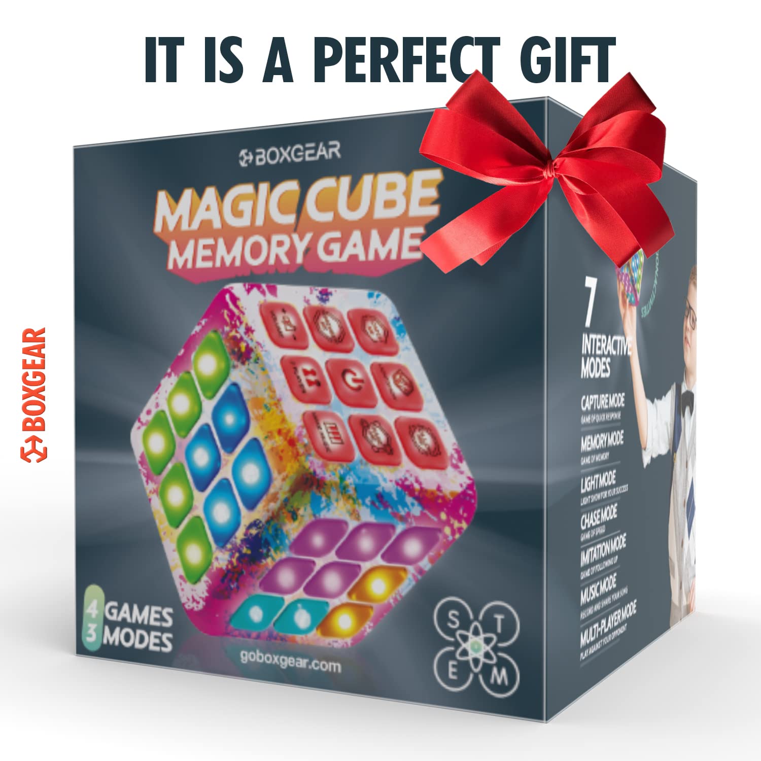 Boxgear Flashing Cube Memory Game – LED Flashing Puzzle Cube for Adults and Children – Sensory Fidget Cube with 5 Brain Games – Light Up Handheld Cube Fidget Toy for Stress Relief and Stimulation
