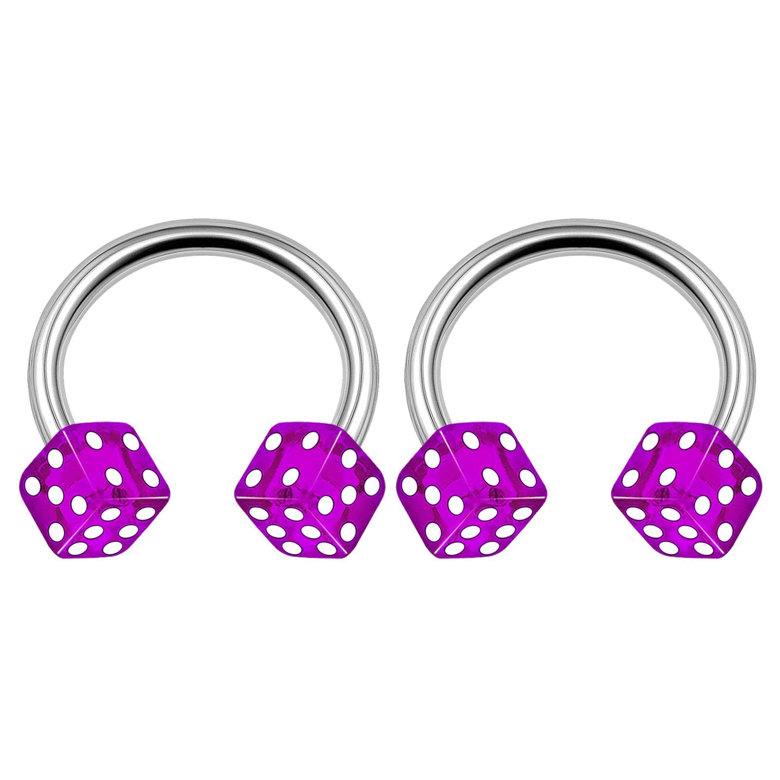 BanaVega 2PCS Surgical Steel Purple Horseshoe Hoop 14 Gauge 3/8 10mm 4mm Dice Acrylic Helix Rim Earrings Labret Piercing Jewelry 3206