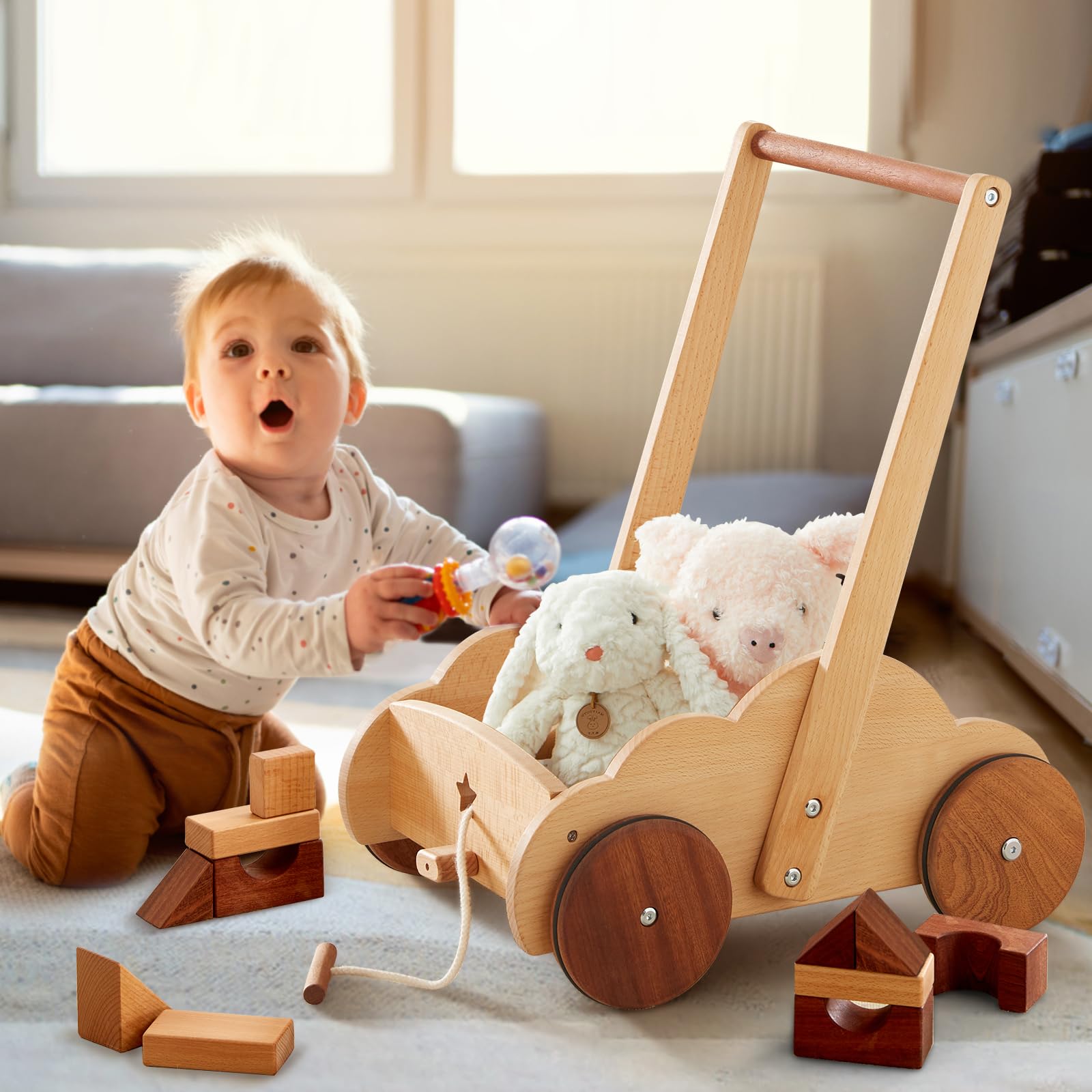 Beright Wooden Baby Walker Push Toy, Learning Educational Walking Toys for Babys Toddles, Adjustable Speed & Height, Natural Beech, not with Building Blocks
