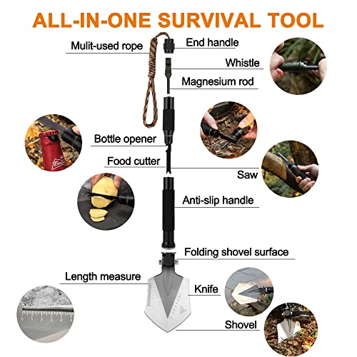FiveJoy Survival Shovel Multitool (C1) - Portable Collapsible Tactical Tool - Entrenching Backpack Equipment for Hiking Camping Emergency Car - Gifts for Men Dad Husband