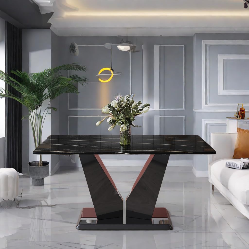 ChicFurnit Modern Dining Table with Tempered Glass Tabletop, Rectangle Dining Table with Rose Gold Colored Legs, for Living Room, Kitchen, Dining Room, Office