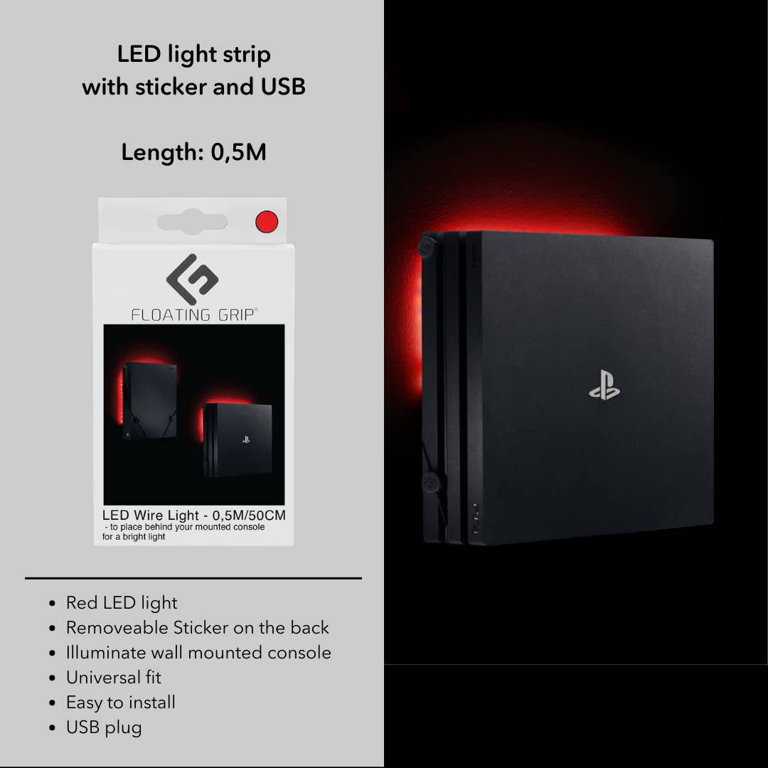 FLOATING GRIP USB LED Light Strip Mood Lighting Accent & Gamer Decor for Video Gaming Consoles & Game Rooms - Compatible with PlayStation or Xbox - Adhesive Strips (0.5 Meter, Red)