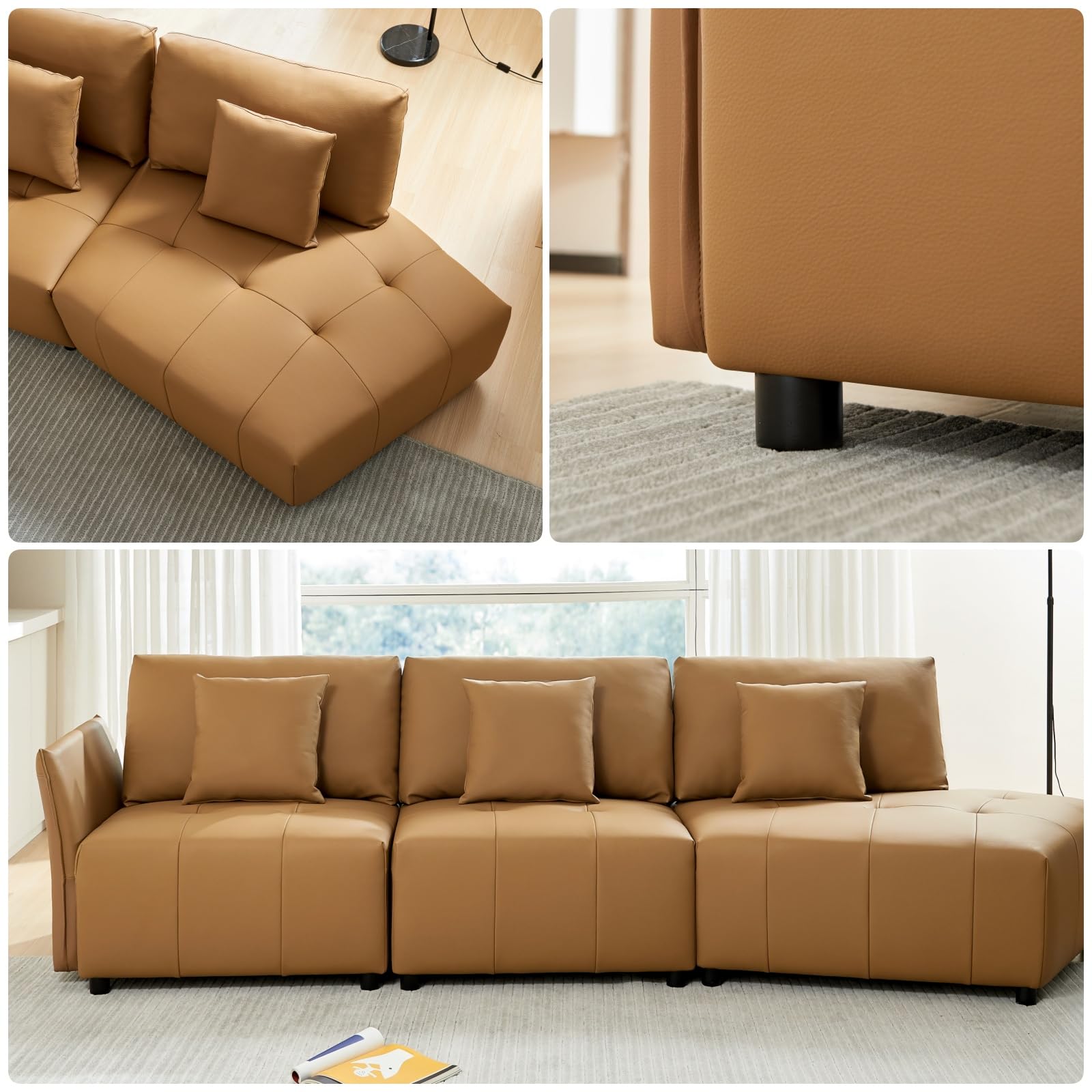 ChicFurnit Sectional Sofa, Couch with Three Movable Pillows & Positioned Armrests, Curved Real Leather 120" Upholstered Sofa with Sectional Chaise Lounge, Dark Yellow