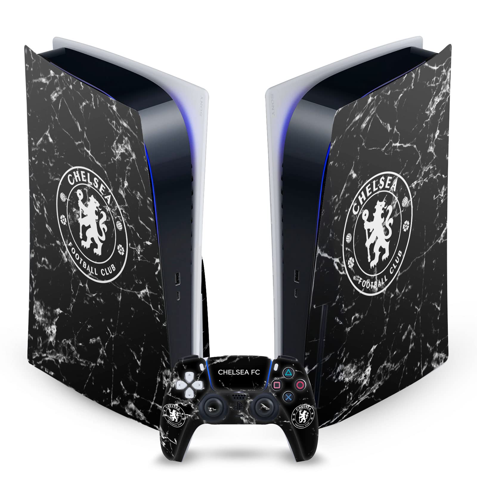 Head Case Designs Officially Licensed Chelsea Football Club Black Marble Mixed Logo Vinyl Faceplate Gaming Skin Decal Compatible With Sony PlayStation 5 PS5 Disc Edition Console & DualSense Controller